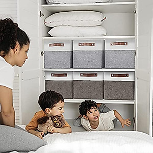 D.K AMZ Foldable Storage Bins with Handles, Rectangle Fabric Storage Basket for Shelves, Collapsible Closet Organizer for Home Office, 3 pack-15 x 11 Inches, Beige and Brown (YMXHZ019004)