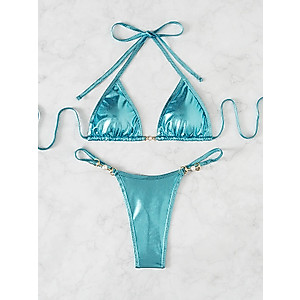 Verdusa Women's 2 Piece Metallic Bikini Sets Swimwear Halter String Triangle Swimsuit Teal Blue M
