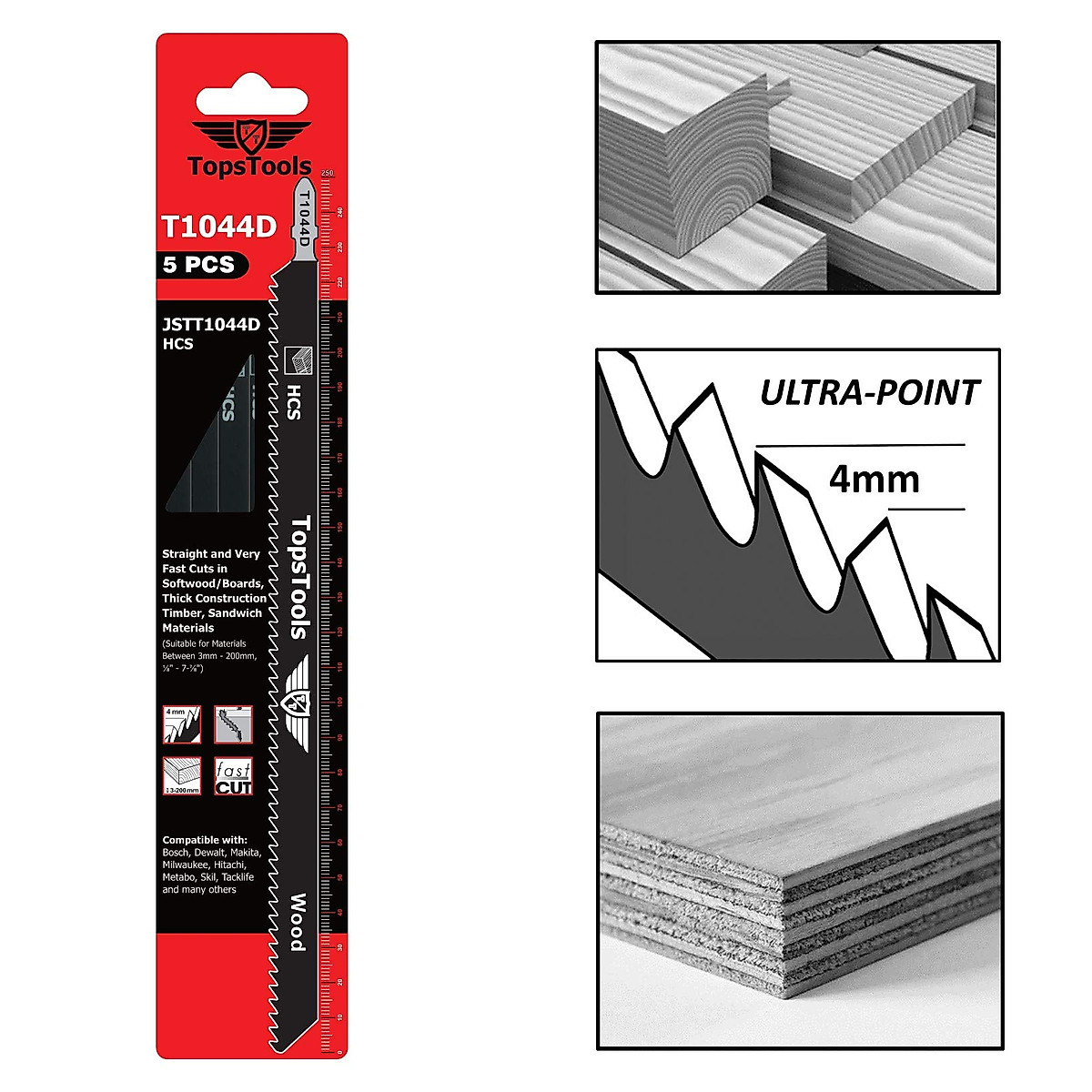 5 x TopsTools JSTT1044D T1044D 10" (250mm) Long Clean and Fast Cuts Wood Cutting Jigsaw Blades Compatible with Bosch, Dewalt, Makita, Milwaukee and many more
