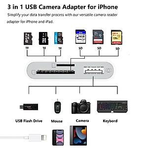 SD Card Reader for iPhone Lightning to 3 in 1 USB Camera Adapter OTG Micro SD TF Memory Card Reader for iPad