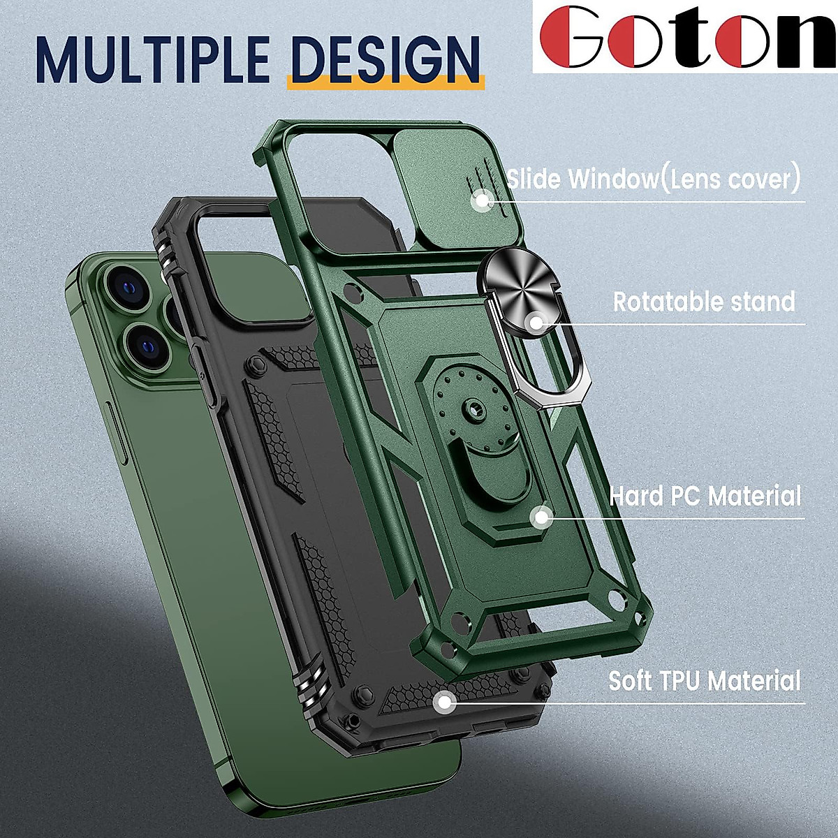 Goton for iPhone 13 Pro Max Case with Slide Camera Cover & 360° Rotate Ring Stand [Military Drop Protection] Shockproof Heavy Duty Protective, Armor Phone Case with Magnetic Car Mount Holder Green