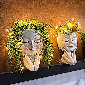 Solar-Face Flower Pot Head Planter Pots - LED String Lights Warterproof Resin Succulent Cactus Planters Pots with Drainage Hole Cute Lady Closed Eyes Indoor Outdoor Garden Decor (Large)