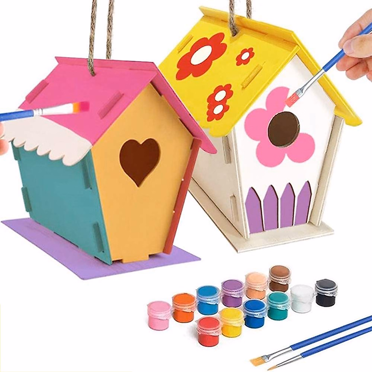 Yitokmc 2 Set Unfinished Wooden Birdhouses Kit for Children to Build and Paint Bird House Kids DIY Arts Crafts Kits Bird Feeder Kit for Girls Boys Toddlers