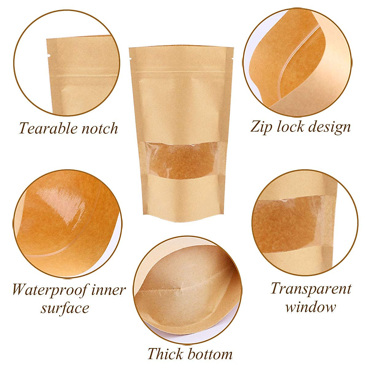 Katfort Zip Lock Pouch Bags 100pcs, 8.7''×5.5'' Resealable Bags for Small Business, Kraft Paper Bags with Window, Cookie Bags with Seal for Small Business, Family, Company