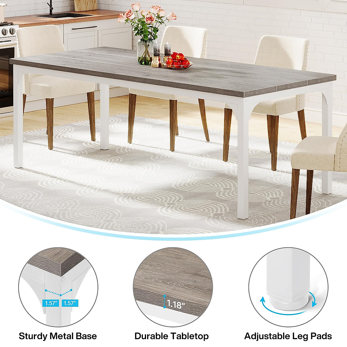 Tribesigns Farmhouse Dining Table for 6-8, 70.9 Inch Rectangular Wood Kitchen Table with Heavy Duty Metal Legs, Industrial Dinner Table for Dining Room, Living Room, Grey and White