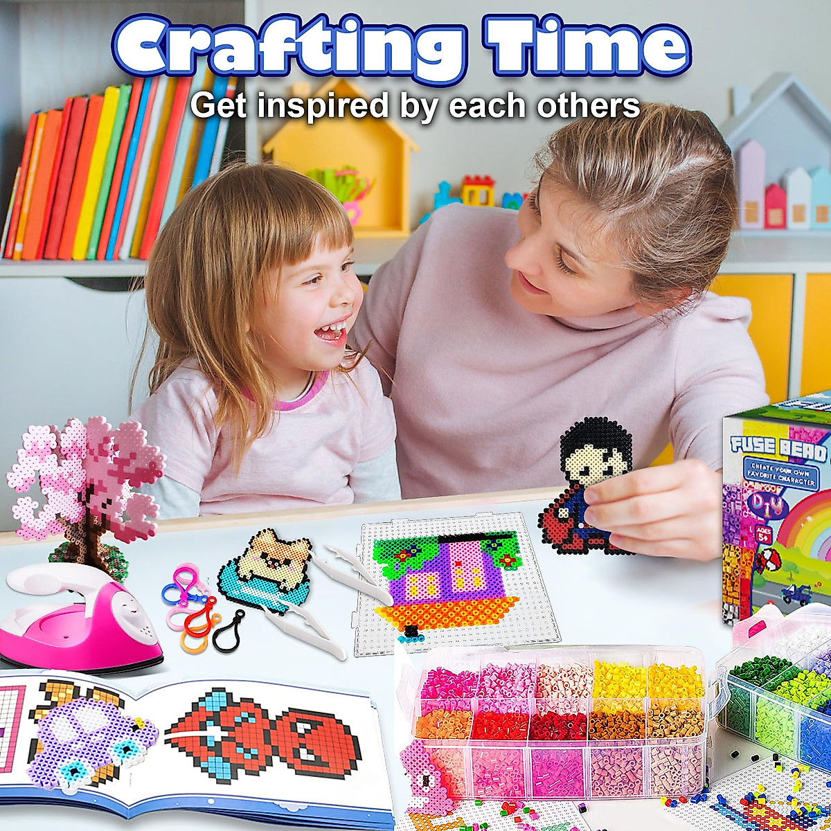 FunzBo Fuse Beads for Kids Craft Art - 106 Patterns Fusebead Melty Fusion Colored Arts and Crafts Set for Boys Girls Age 4 5 6 7 8 Year Old Classroom (Mega)