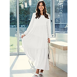 ANRABESS Women’s Boho Casual Loose Puff Long Sleeve Crewneck Asymmetric Tiered Beach Maxi Long Dress 596bai-S White
