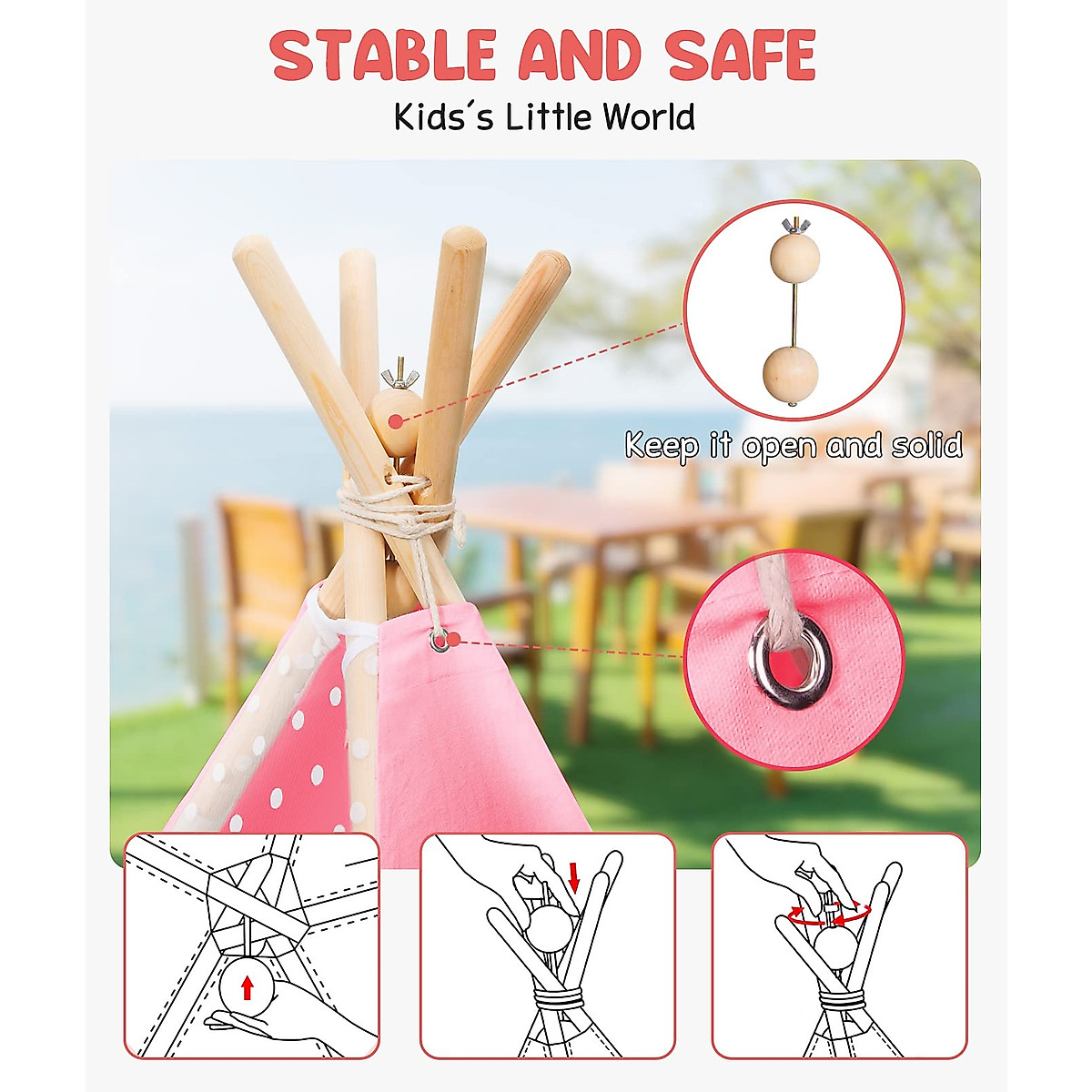 Gamenote Teepee Tent for Kids, Cotton Canvas Toddler Tents with Mat, Inner Pocket, Unique Reinforcement Part, Foldable Kids Play Teepee, Gifts Indoor Outdoor Playhouse for Baby Girls Boys