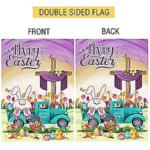 Easter Flag, Happy Easter Flags for Outdoors 28 x 40 Double Sided, Easter Bunny Eggs with Blue Truck Tulip Flowers Burlap House Flag, Holiday Spring Garden Yard Lawn Signs for Home Outside