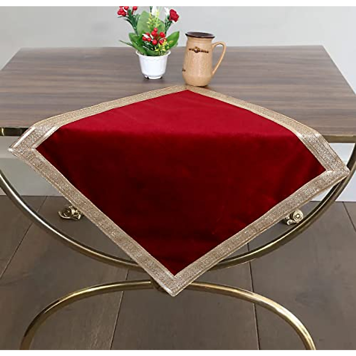 Indian Consigners Red Velvet Cloth With Golden Shinny Border, Aasan Pooja Puja Cloth Poojan Table Cloth Holy Square Tarot Altar Tablecloth
