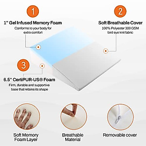 Cheer Collection Acid Reflux Bed Wedge Mattress Topper for Sleeping - Gentle Incline Mattress Elevator with Gel-Infused Memory Foam Top to Elevate Head and Upper Body - California King (72" x 84")