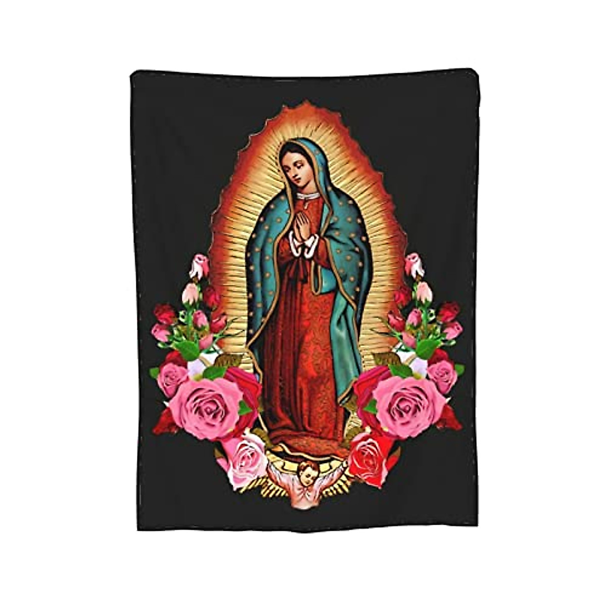 Our Lady of Guadalupe Virgin Mary Blessed Mother Virgen with Flowers(1) Flannel Fleece Throw Blankets Super Soft Cozy Warm Black 50inx40in