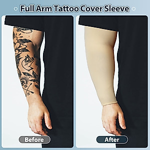 8 Pieces Plus Size Full Arm Sleeves UV Sun Tattoo Arm Sleeve Cooling Arm Compression Covers Tattoo Cover Up for Women Men (Beige)