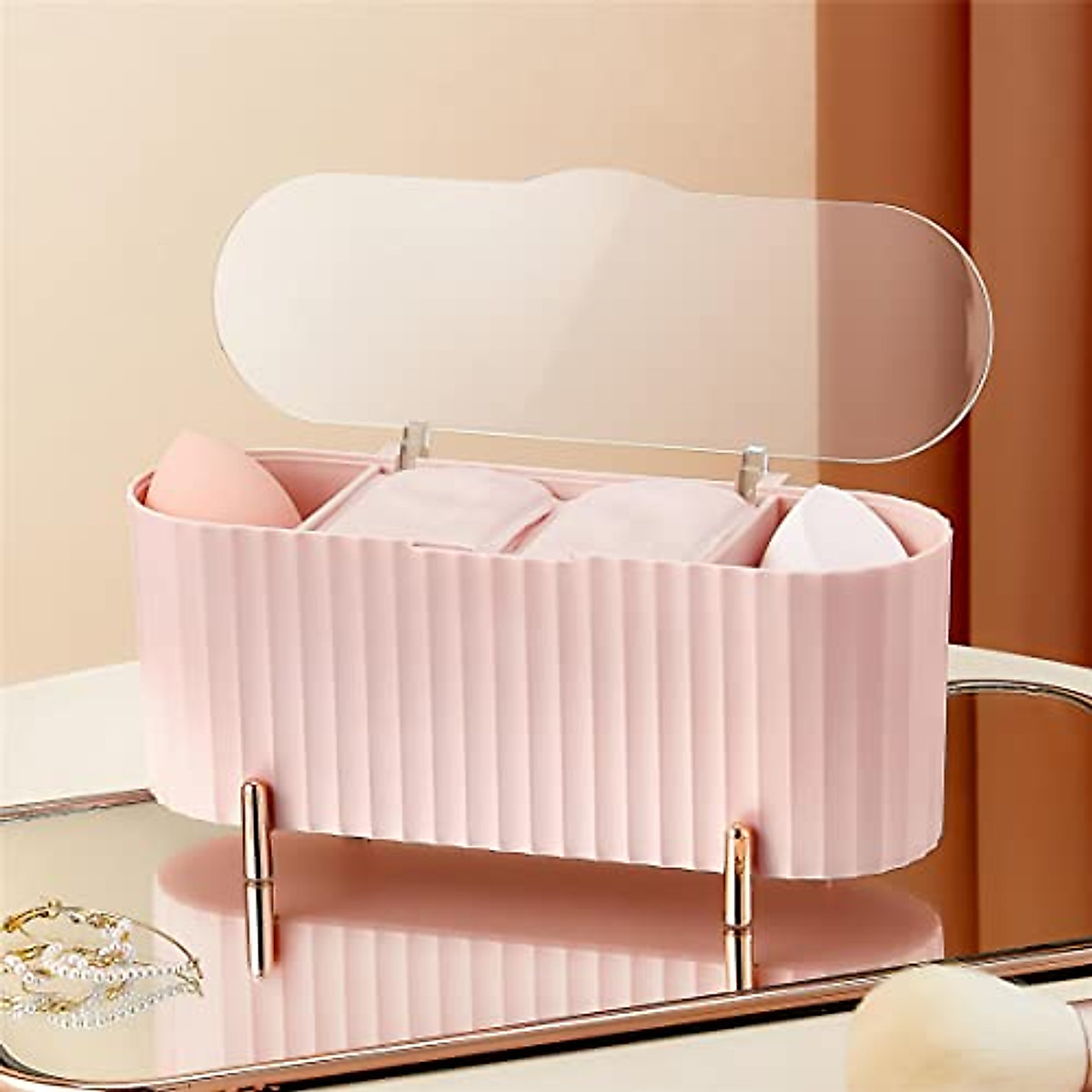FKOG Pink Qtips Holder, Multi-functional Bathroom Storage Organizer, Detachable 3 Grids Separate Cotton Swabs Dispenser for Cotton Ball Cotton Pads Swabs Ball Floss (Pink)