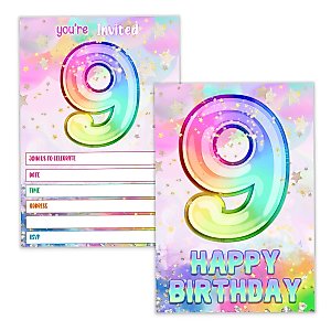MUZRUYOU 9th Birthday party Invitation Cards, Rainbow Holographic invite with Envelopes（20 set