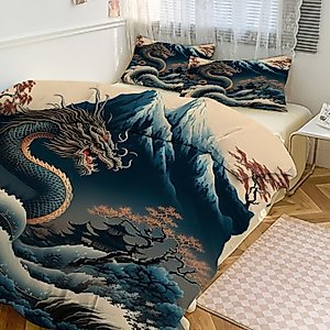 MSSHUKYTT Vintage Japanese Mount Fuji Duvet Cover Set 3 Piece Queen Size,Cool Dragon Nature Landscape Japan Great Wave Cabin Duvet Cover 2 Pillowcases(No Insert)