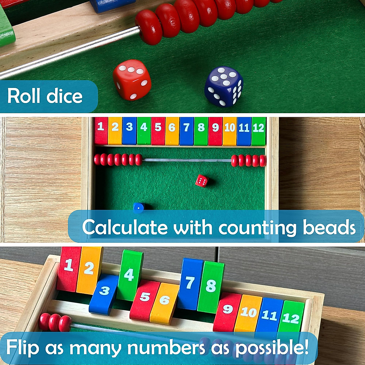 STERLING Games Kids Shut The Box Game for 2 Players | Wooden Math Toy Dice Game for Kids and Small Children | STEM Educational Toy for Learning Mathematics and Addition