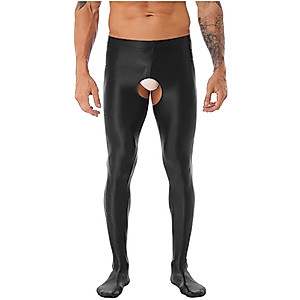 Jhaoyu Mens Glossy Crotchless Pantyhose High Waist Elastic Waistband Leggings Lingerie Nightwear Black#Footed Medium