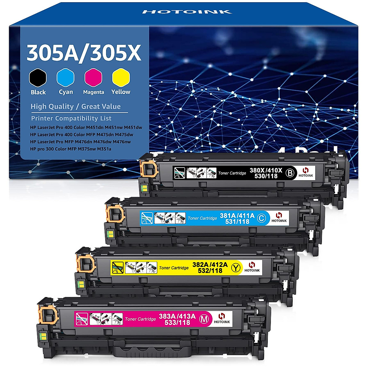 305A 305X Toner Cartridge 4 Pack Black Cyan Yellow Magenta Replacement for HP 305A CE410X CE410A CE411A CE412A CE413A for HP Laserjet Pro 400 Color MFP M451nw M451dn M475dn m375nw m475dw Printer