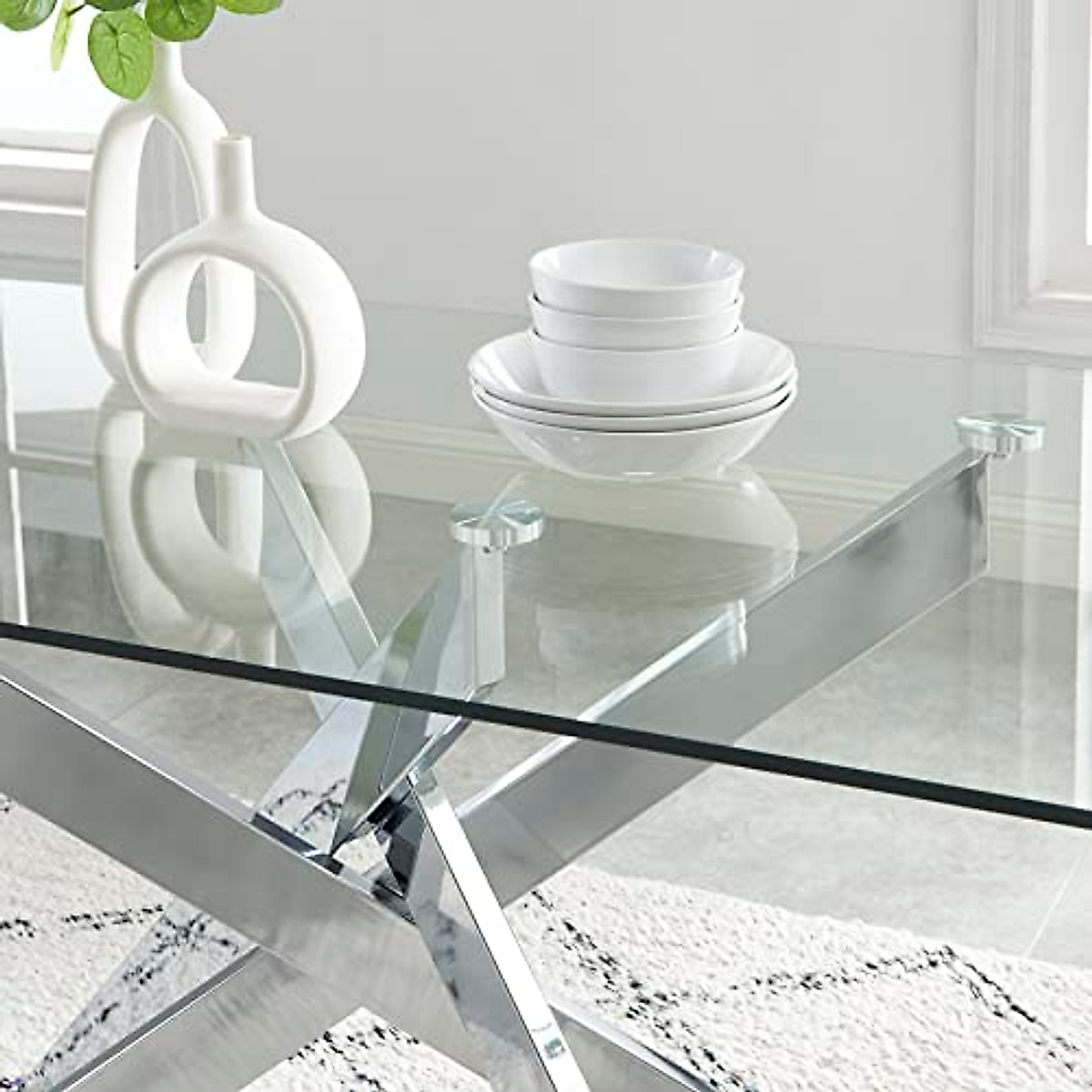 Edwin's Choice Rectangle Glass Dining Table, Tempered Glass Tabletop and Metal Tubular Legs, Modern Style Table for Home, Kitchen, Dining Room 58.5”Lx29”Wx30”H, Silver