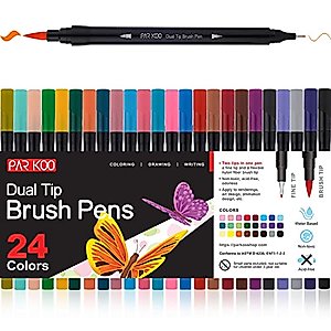 ParKoo Dual Brush Art Markers Pens for Adult Coloring Books, 24 Artist Colored Marker Set, Fine & Brush Tip Art Supplies for Journaling Note Taking Writing Planning