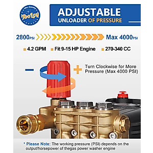 TOOLCY Pressure Washer Pump Max 4000 PSI 4.2 GPM, 1" Shaft Horizontal Gas Power Washer Pump Replacement, Direct Drive Triplex Plunger Replacement Pump with Pressure Adjustment Unloader, 5 Nozzle Tips