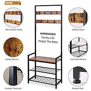 HOMEKOKO Coat Rack Shoe Bench, Hall Tree Entryway Storage Bench, Wood Look Accent Furniture with Metal Frame, 3-in-1 Design (Rustic Brown)
