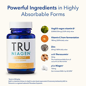 TRU NIAGEN Immune Support Supplement - Daily Defense - Vitamin C from Fermentation, Vegan Vitamin D3 2000 IU, Zinc, Plus Theracurmin (Curcumin) + Multi Award-Winning NAD Boosting Niagen 150mg 30ct