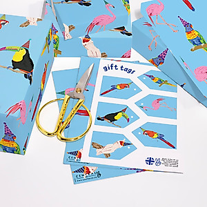 CENTRAL 23 Birthday Wrapping Paper For Kids Boys Girls - 6 Sheets Blue Gift Wrap - Party Birds Parrots Flamingo - Recyclable