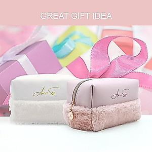 Aurora Sky Fluffy Bottom Makeup Bag Organizer – Portable Toiletry Travel Case – Cute Cosmetic Bag for Woman & Girls – Waterproof Soft Vegan Leather Pouch – Medium Size Storage (Pink)