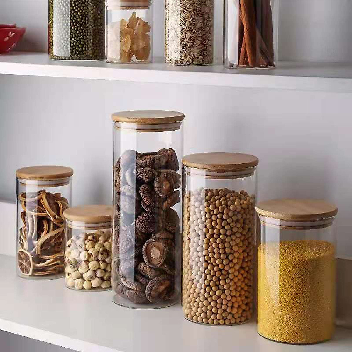 UNIQUE PR Pyrex Glass Food Storage Containers - Bamboo Lids for Airtight Pantry Organization for Kitchen, Set of 5,Organizing Spice Flour Coffee Bean, Flour & Spaghetti