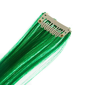 SWACC 12 Pcs Straight One Color Party Highlights Clip on in Hair Extensions Colored Hair Streak Synthetic Hairpieces (Green)