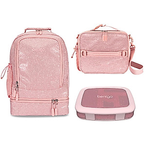 Bentgo® Kids 5-Compartment Lunch Box Set With Insulated Lunch Bag and 2-in-1 Backpack & Insulated Lunch Bag (Glitter Edition - Petal Pink)