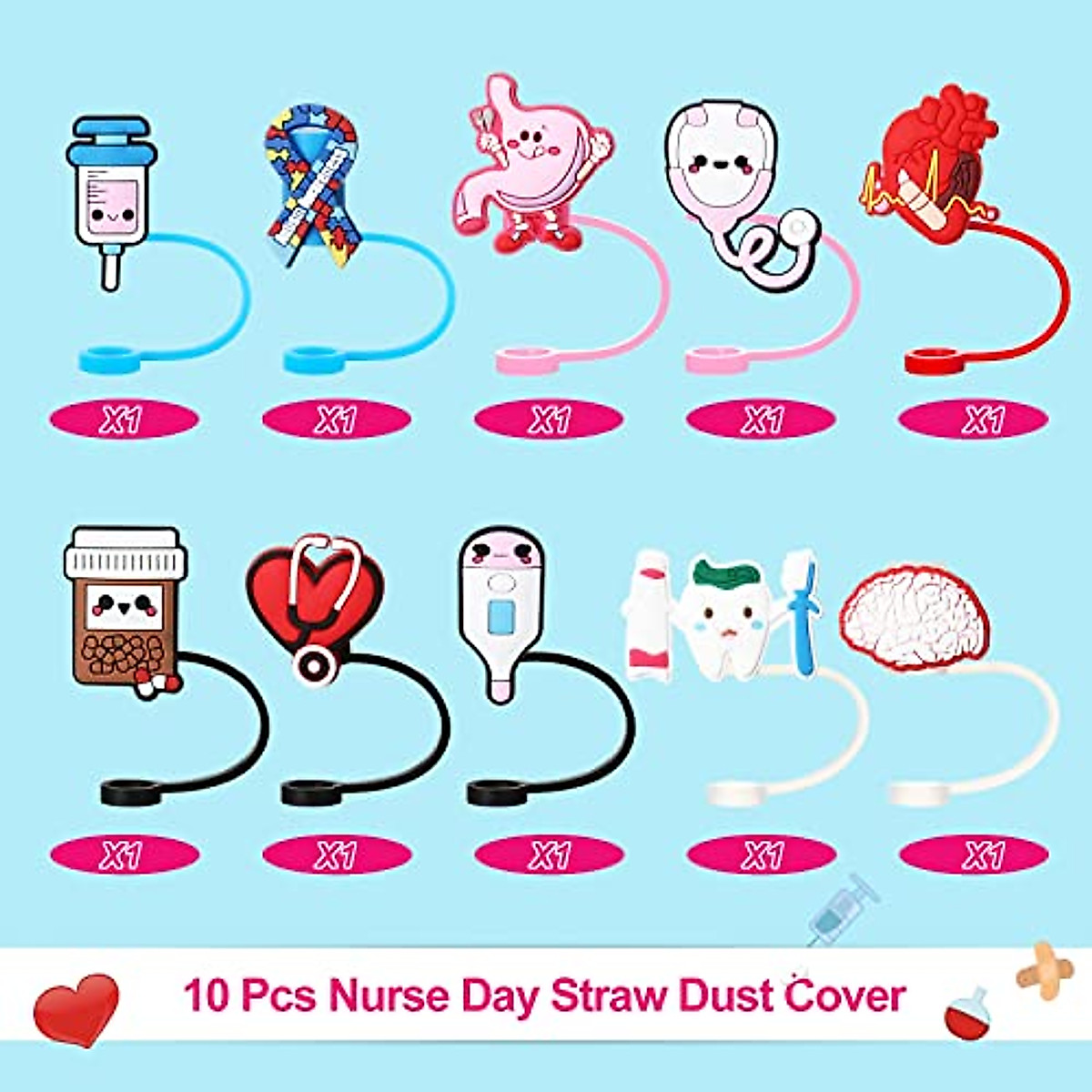 Straw Covers Silicone Kawaii Straw Cover Nurse Theme Straw Caps Reusable Drinking Dust Proof Straw Tip Covers for 6-8 mm (Cute, 10 Pcs)