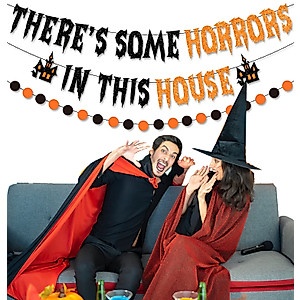 PTFNY There's Some Horrors In This House Banner Halloween Party Decorations Glittery Halloween Garland Banner with Haunted House Signs Halloween Circle Dots Banner for Haunted Houses Home Decorations