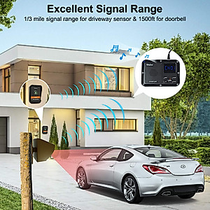 Wuloo Wireless Doorbells for Home, Solar Driveway Alarm, Multifunctional Wireless Home Security System, Rechargeable Battery/Weatherproof/Mute Mode/Clock and Alarm (1 Receiver 1 Sensor 1 Doorbell)