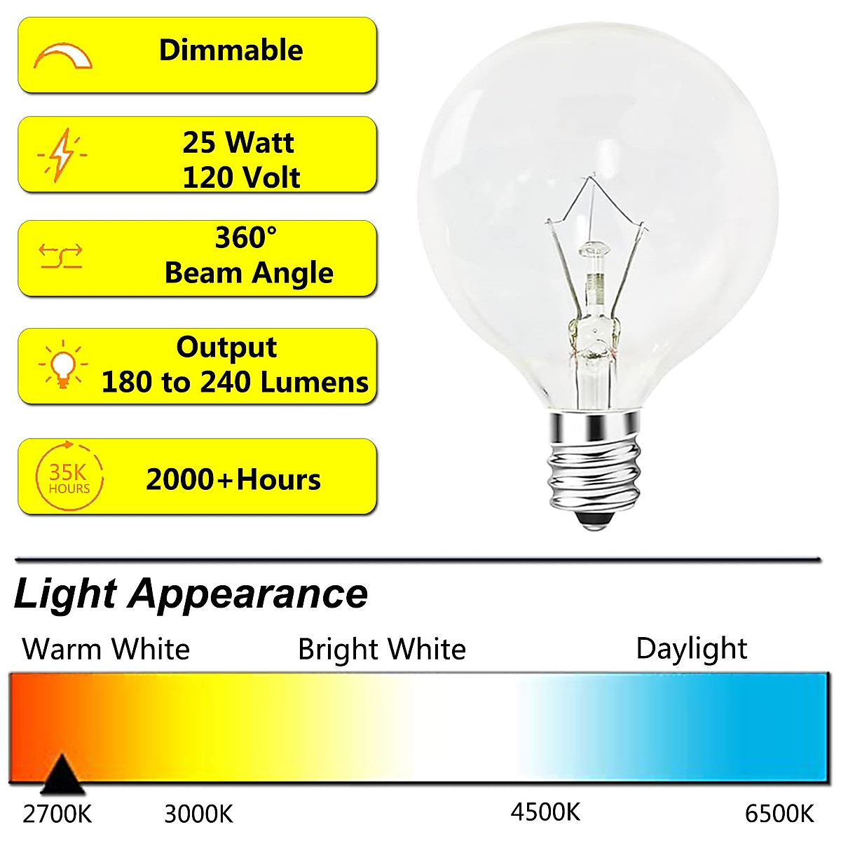 Wax Warmer Bulbs 25 Watt,G50 Light Bulbs for Full Size Scentsy Warmers,120V E12 Base G16.5 Globe Clear Light Bulbs for Candle Wax Warmer,Dimmable,Long Lifespan,Warm White,6 Pack