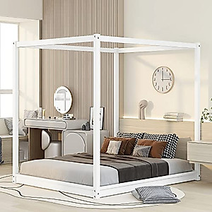 FIQHOME Queen Size Canopy Platform Bed with Support Legs,Four-Poster Canopy Platform Bed Frame with Headboard, Wooden Queen Bed with Support Legs,for Kids Teens Adults, No Box Spring Needed,White