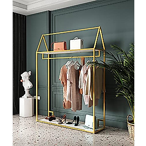 TDD Modern Clothing Rack Gold with 2 Shelves Free-Standing Garment Rack Heavy Duty Retail Display Clothes Racks for Hanging Clothes Boutique Home