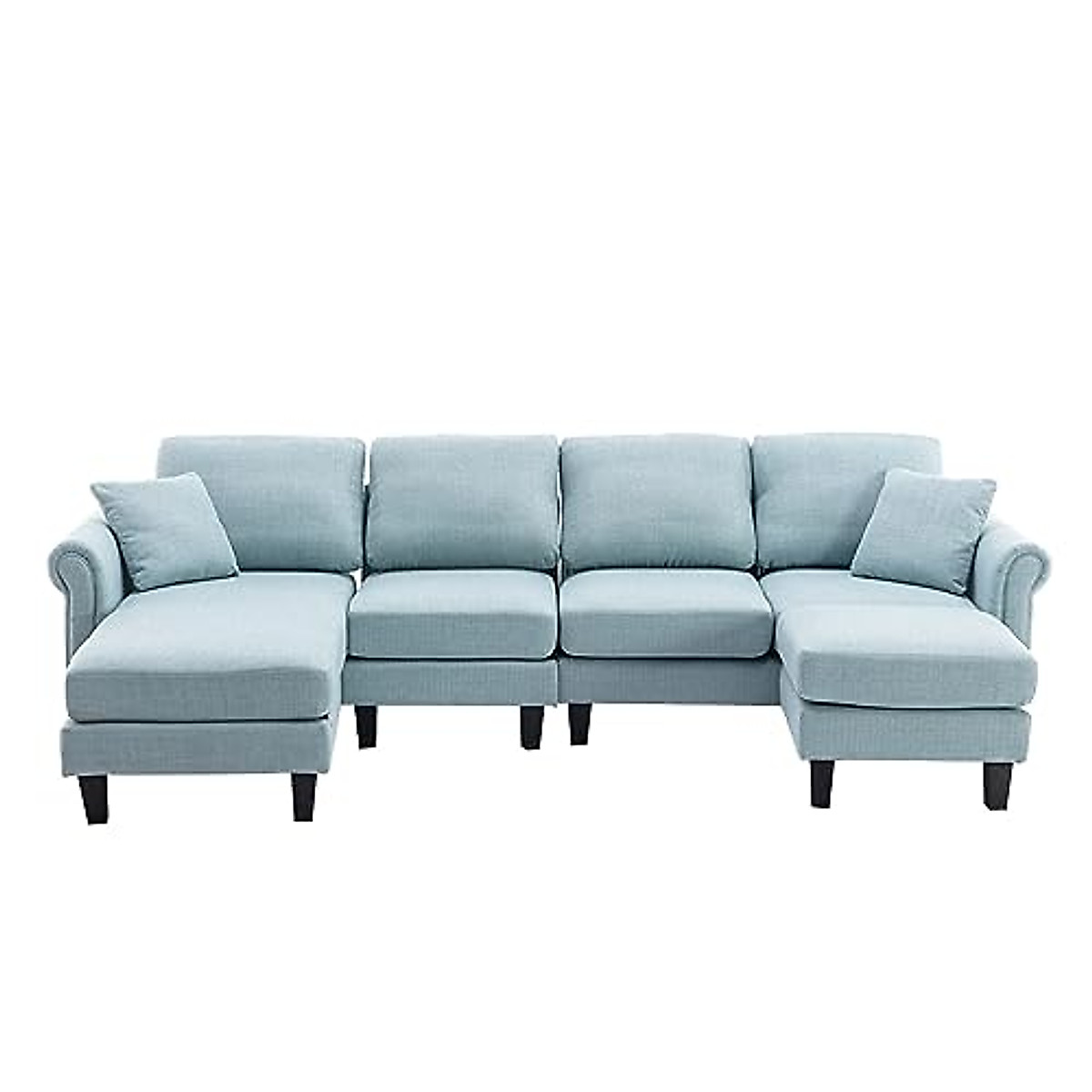 Convertible Sectional Sofa Couch, U Shaped Modular Accent Sofa with Ottoman and 2 Pillows and Solid Wood Legs, Modern Fabric Upholstered Sofa Set, for Living Room, Lounge, Light Blue