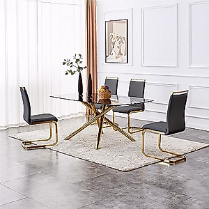 Baysitone Rectangular Glass Dining Table Set for 6, 71 inch Black Marble Polishing Dining Table with 4 Golden Coated Metal Legs, PU Faux Leather Chairs with Golden Metal Legs for Kitchen, Dark Gray