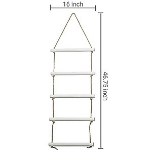MyGift Whitewashed Solid Wood Wall Hanging Towel Holder Ladder with 5 Rungs and Rustic Rope, Bathroom Organizer Drying Hand Towel Rack