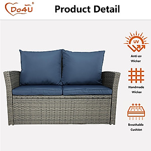 Do4U 4 Pieces Patio Furniture Sets Outdoor Sectional Wicker Set Outdoor Conversation Set Patio Set Patio Loveseats with Coffee Table Porch, Poolside, and Yard (Grey-Blue)