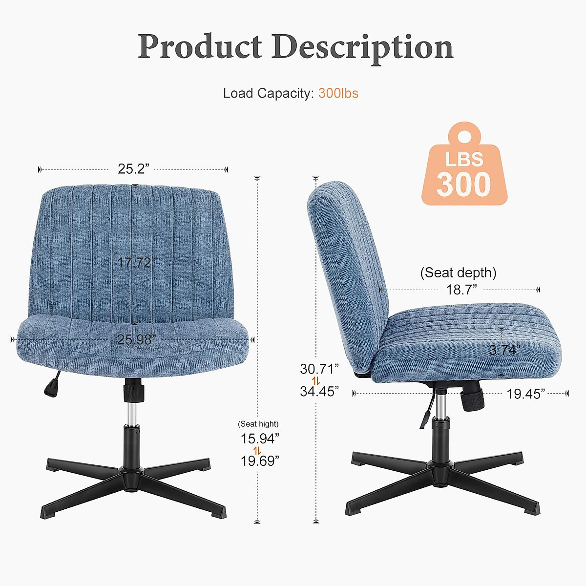Sweetcrispy Criss Cross Chair Legged, Armless Office Desk Chair No Wheels, Swivel Vanity Chair, Height Adjustable Wide Seat Computer Task Chair, Fabric Vanity Modern Home Chair Blue