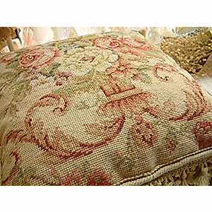 GoldenAppleArt 16" Elegant Roses in Urn Vintage Handmade Aubusson Design Needlepoint Pillow