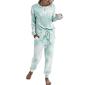 PRETTYGARDEN Women's Tie Dye Two Piece Pajamas Set Casual Long Sleeve Sweatshirt with Long Pants Loungewear (Green,X-Large)