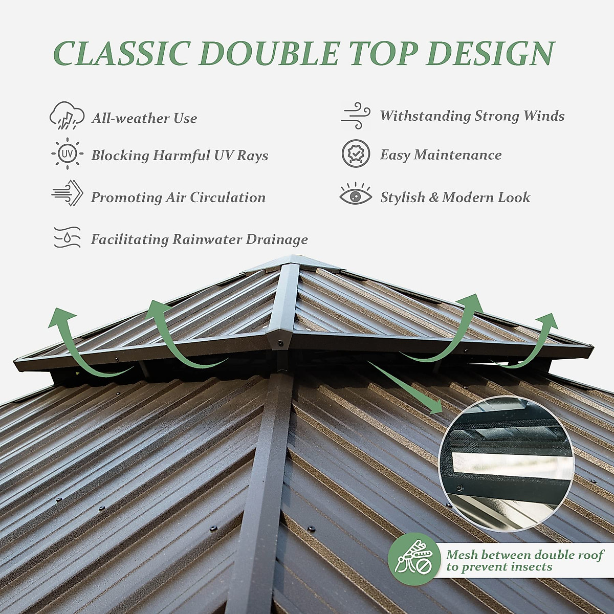 Domi 12' X 12' Wood Gazebo, Cedar Frame Hardtop Gazebo with Galvanized Steel Double Roof, Netting & Curtains, Patio Pergola Pavilion for Patio, Backyard, Deck, Lawns