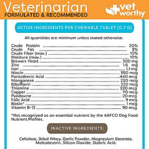 Vet Worthy Brewer’s Chewables for Dogs - Dog Daily Supplement to Support Healthy Skin and Coat - Brewers Supplement with Zinc, Iron, Vitamin B Complex - Garlic Flavored, 300 Tablets
