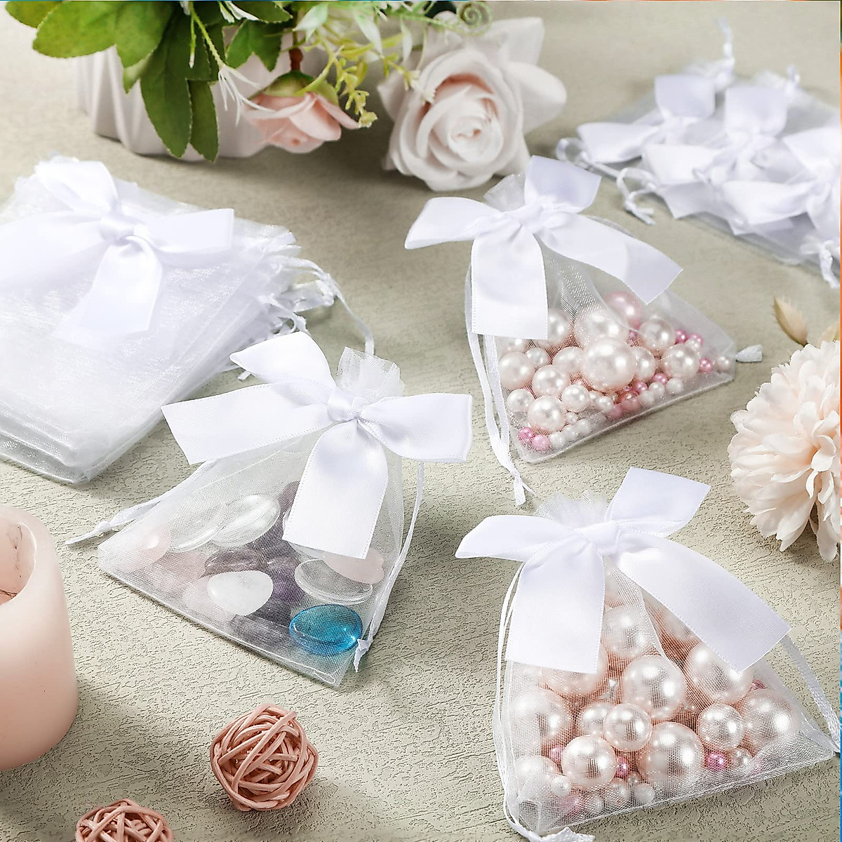50 Pcs Organza Bags with Bows Bulk 3.54 x 4.72 Inches Jewelry Bags Wedding Favors White Gift Bags with Drawstring Small Sachet Bags for Party Birthday Candy Soap Business Guests Wrapping Packaging