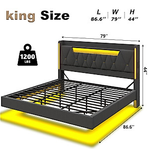 busyaeh King Floating Bed Frame with Hidden Storage Space and Charging Station, RGB Light Fabric Platform Bed with LED Light, No Box Spring Needed, Dark Gray